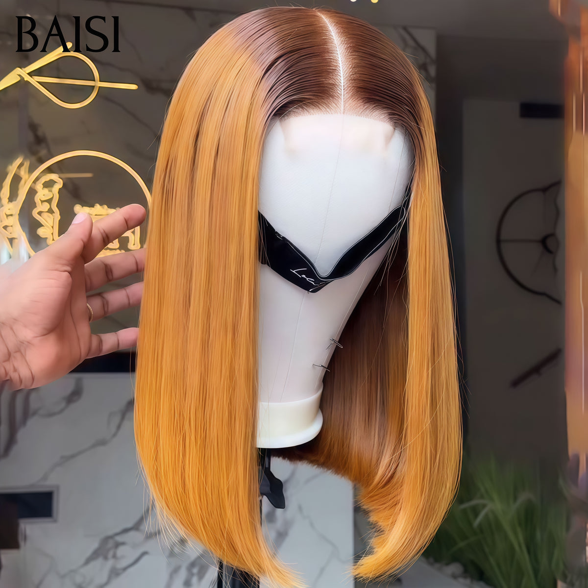 BAISI 2X6 lace closure perruque Lisse Bob en couleur Miel avec racine ...