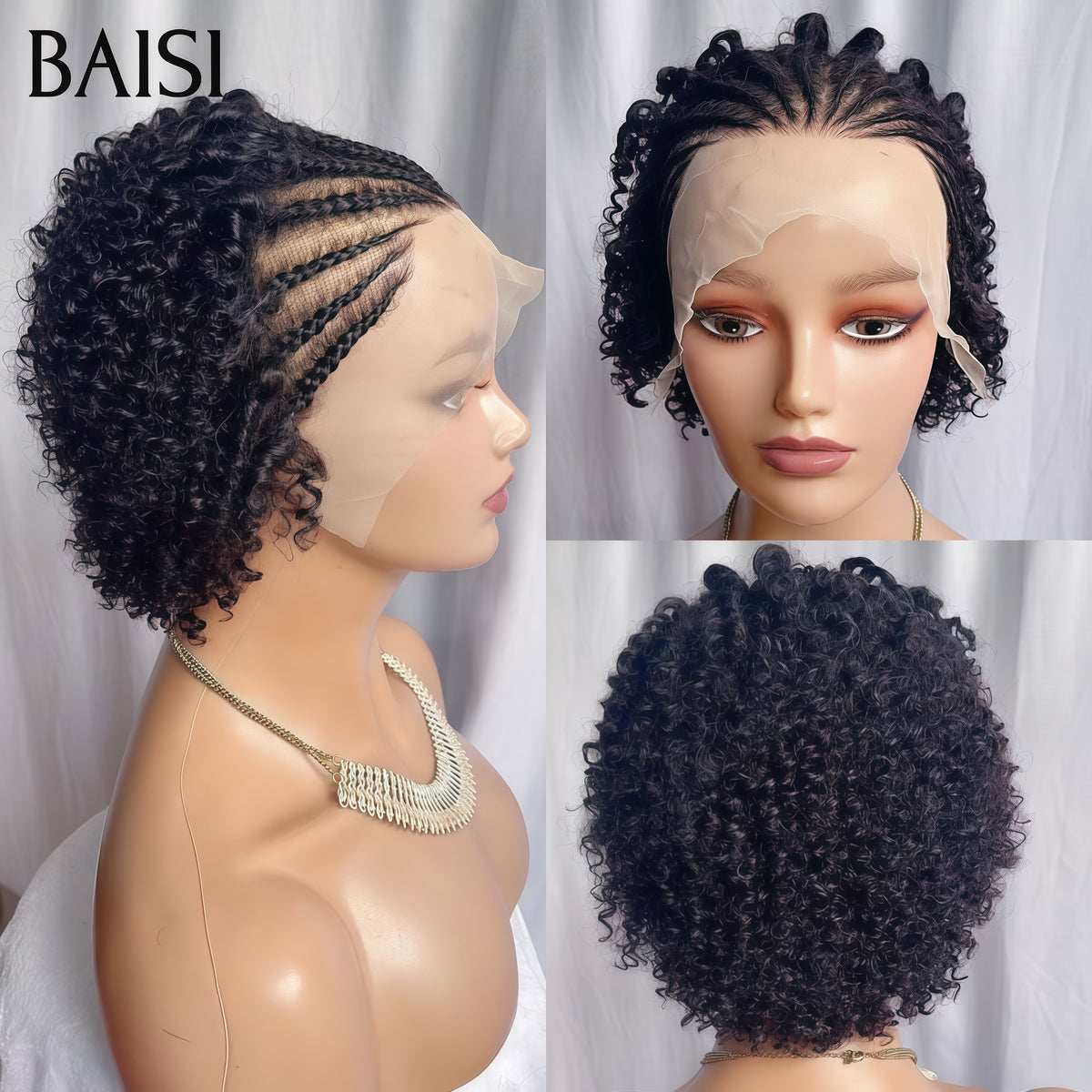 BAISI lace frontale perruque pixie 8 Pouces curl wave avec Petite natt ...